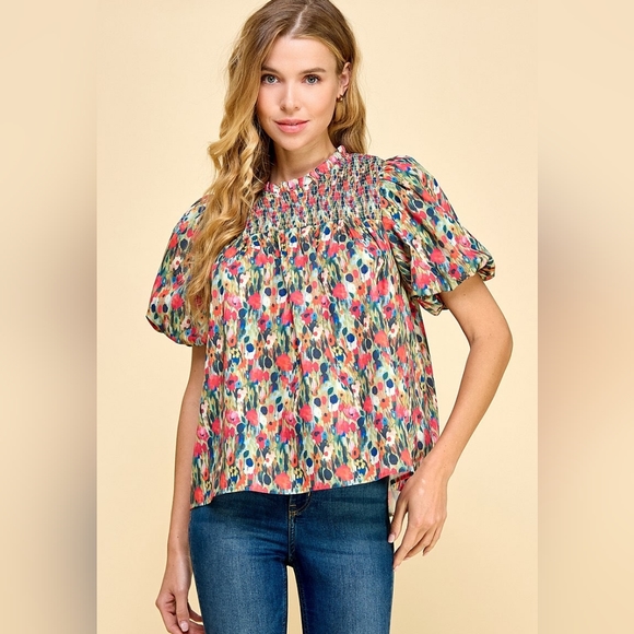 TCEC | Tops | Tcec Floral Printed Smocked Top With Puff Sleeves Size ...